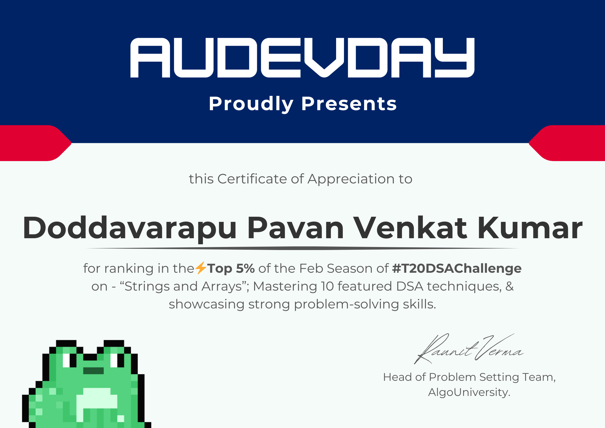 Pavan Doddavarapu - Winner @Audevday T20 DSA challenge | Certified Prompt engineer - IBM | Tech ...